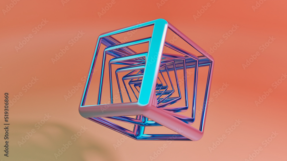3d modeling, cube with dynamic elements on orange background render a ...