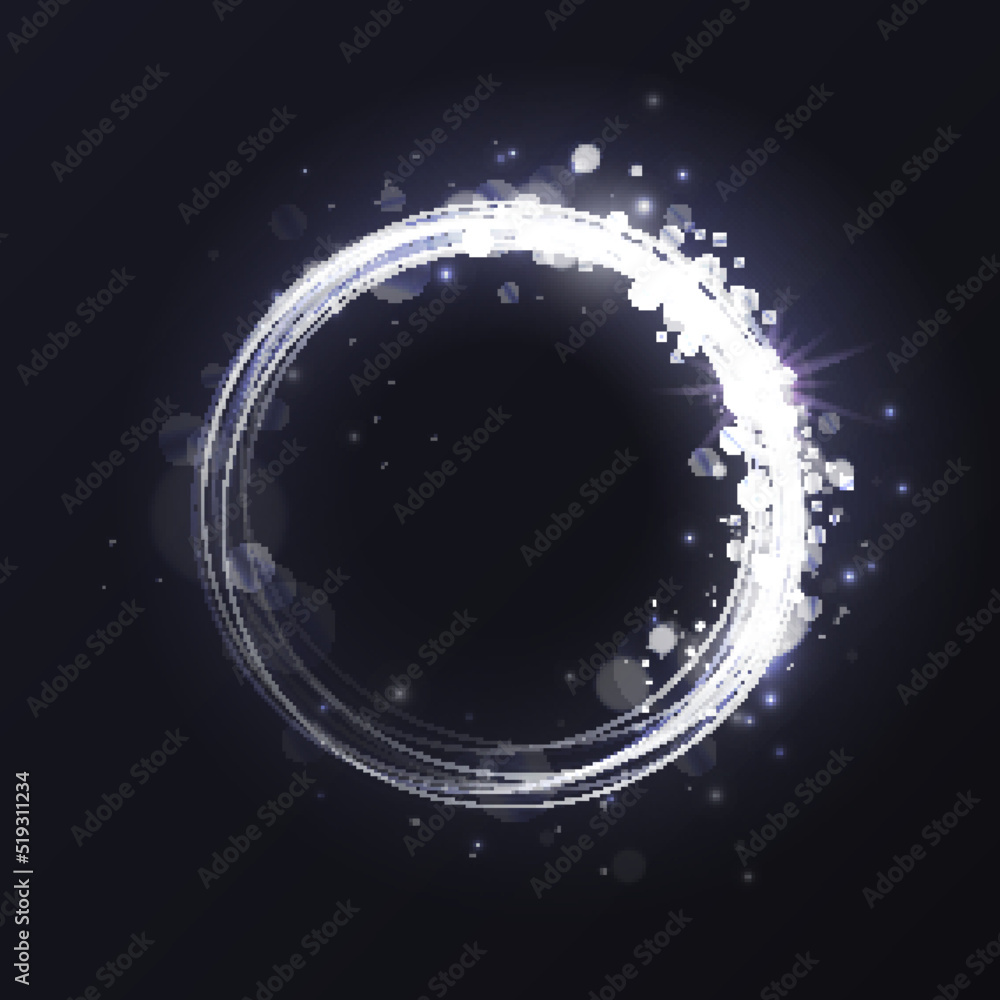 Silver luminous spark ring, abstract light frame effect vector illustration. Magic glowing round ...