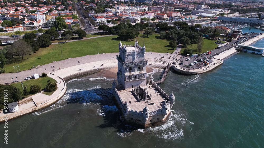 The Belem Tower (Torre de Belém) was built between 1514 and 1520 in a ...