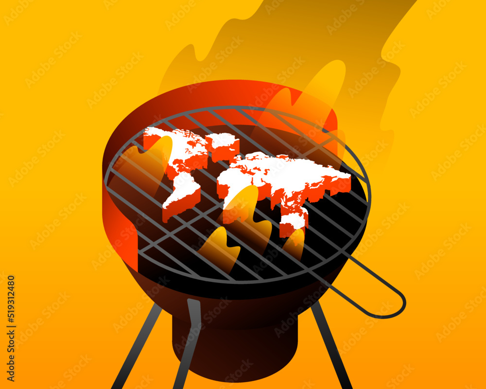 Planet Earth's surface placed on a fiery grill. Grilled World, burning ...