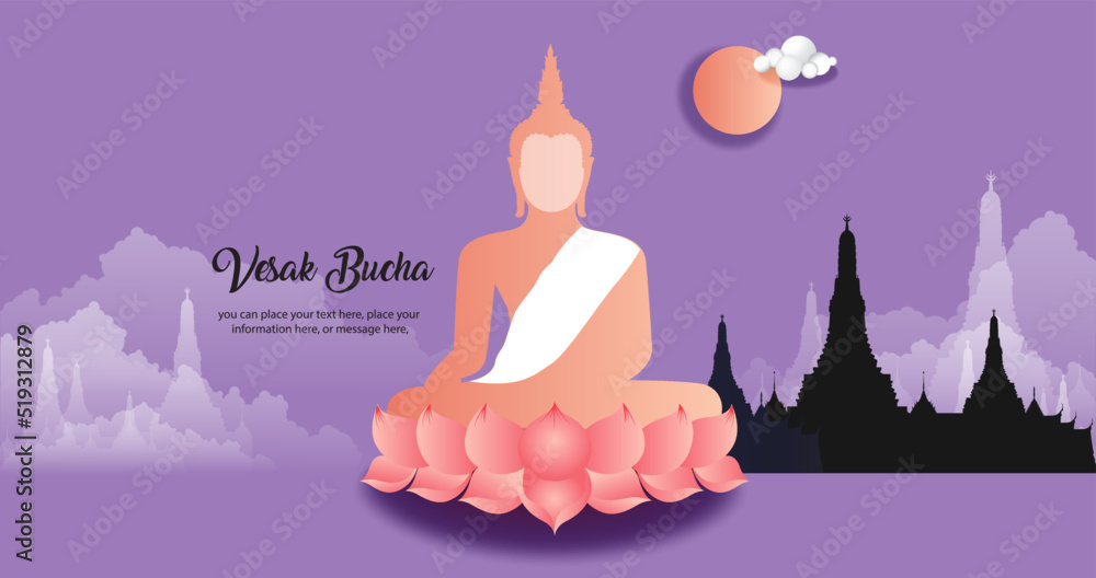 Vesak day banner of big buddha statue purple color vector background ... Vesak day banner of big buddha statue purple color vector background ...