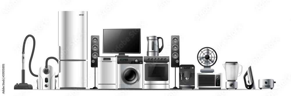 Vector illustration of realistic silver color different appliance on ...