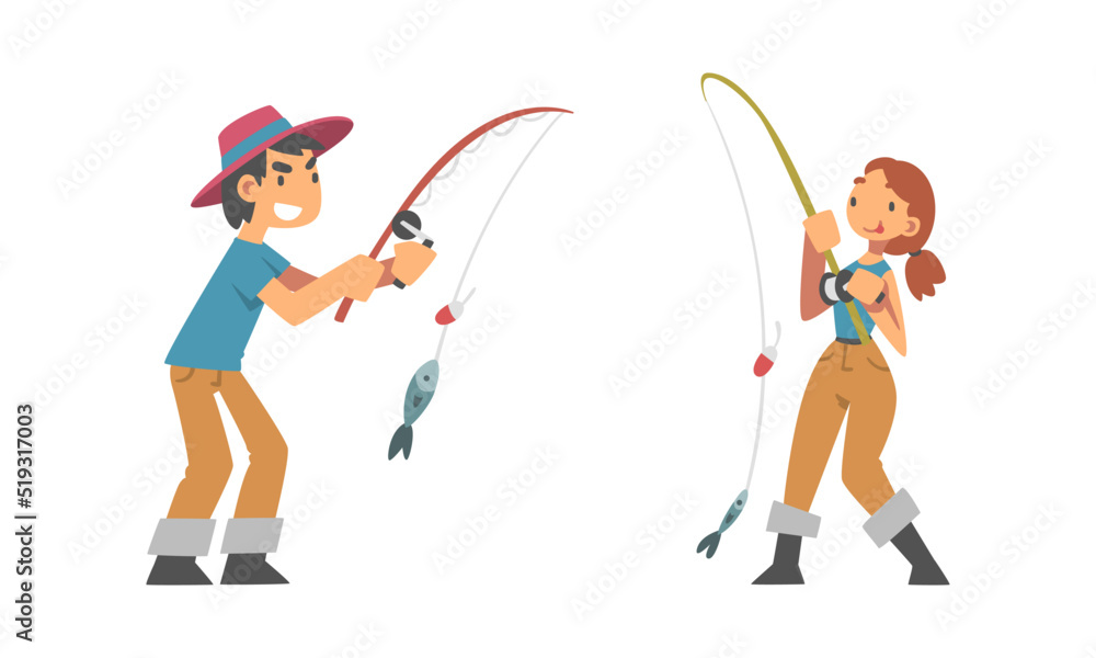 Anglers characters. People with fishing rods and caught fish cartoon ...