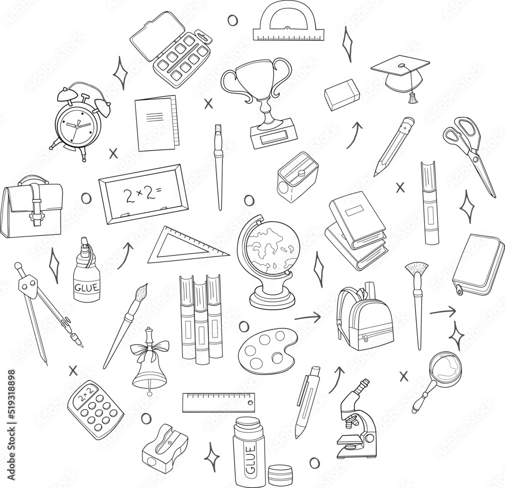Hand drawn school supplies icons. Vector illustration, doodle style ...