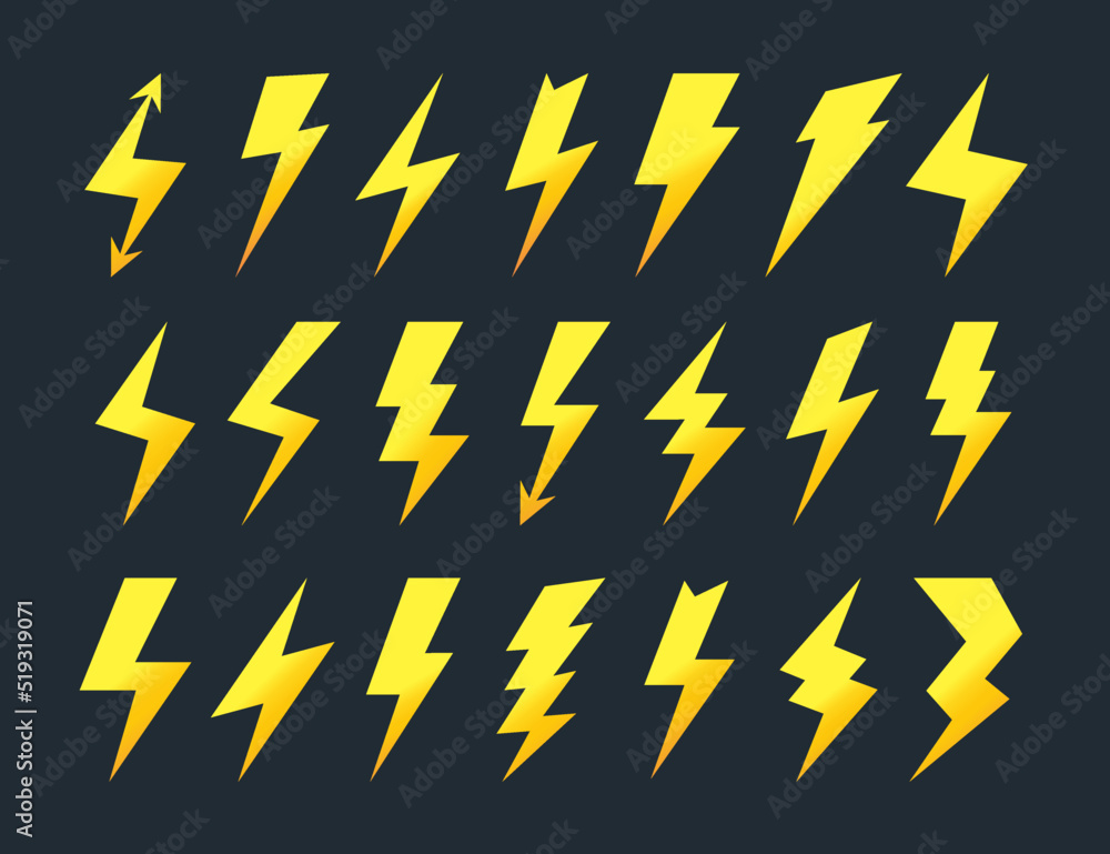 Yellow lightning icon vector set isolated on black background flat ...