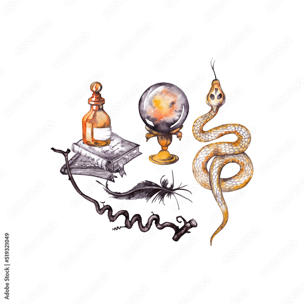 Halloween scene in black and orange colours of wizard potion, magical ...