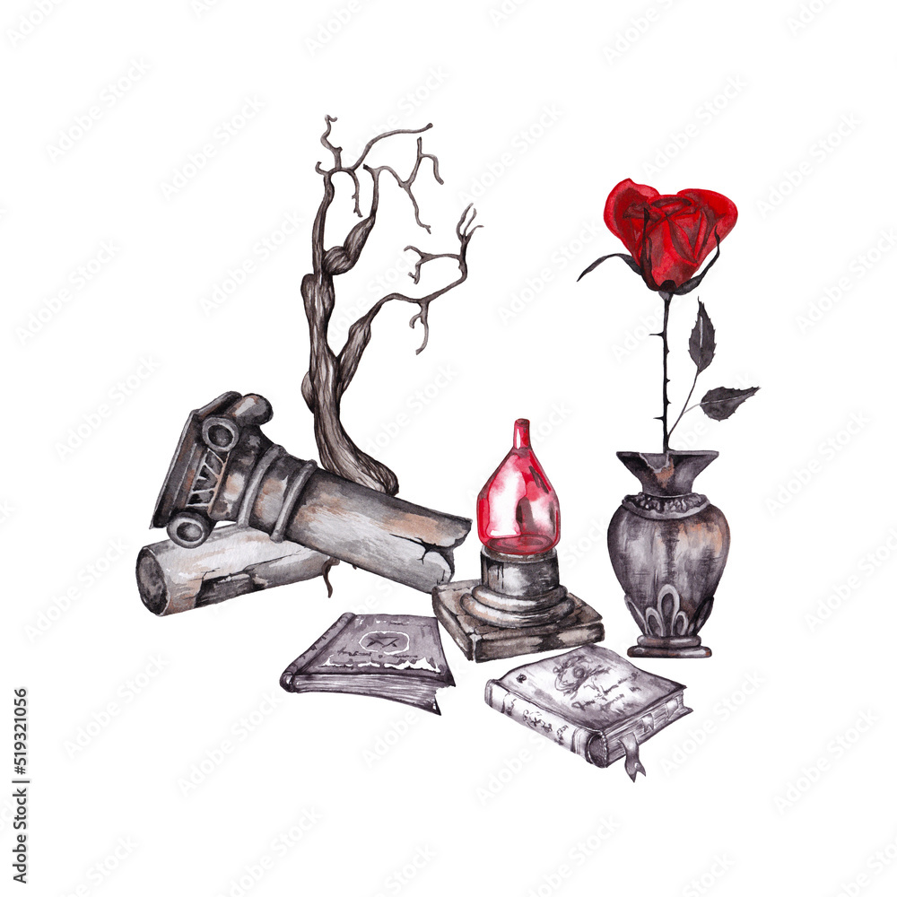 Halloween scene in black and red colours of wizard potion, magical ...