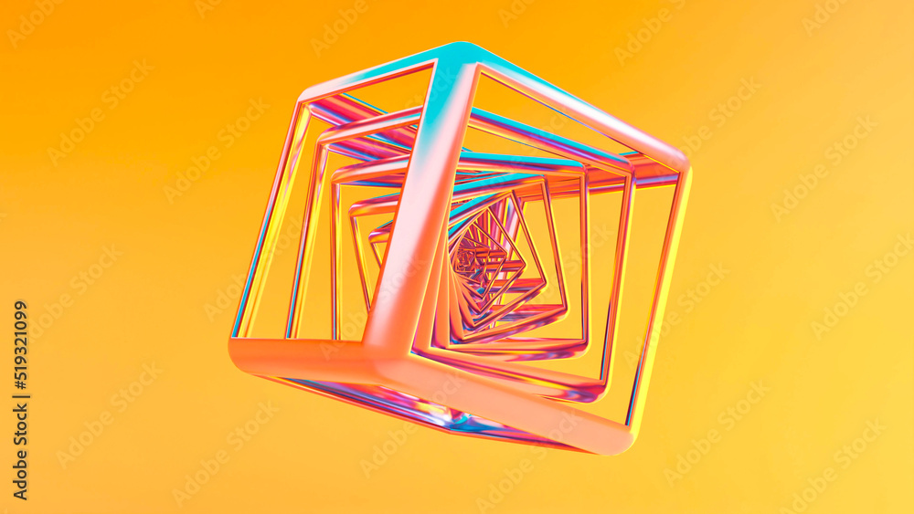 3d modeling, cube with dynamic elements on yellow background, render a ...