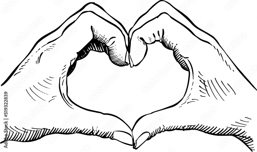 Close Up Of A Hand Making The Heart Symbol Black And White Vector