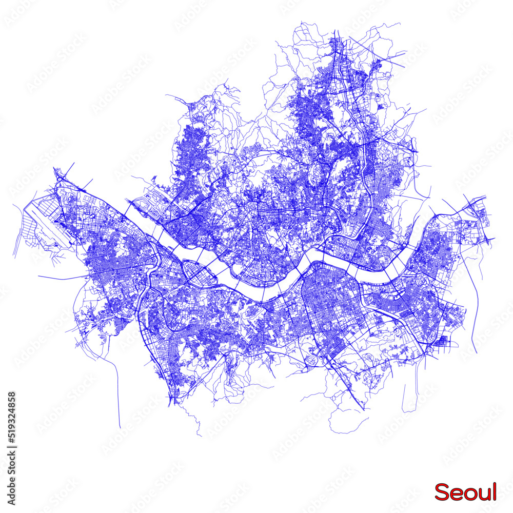 Seoul city map with roads and streets, South Korea. Vector outline ...