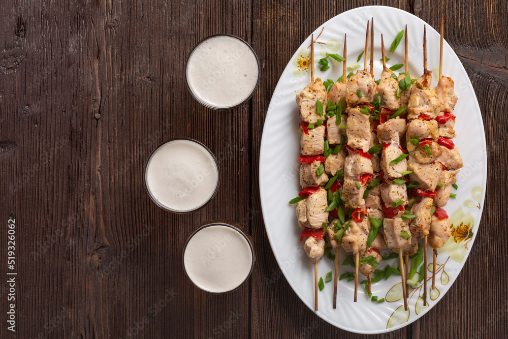 Barbecue with barbecue and beer outdoors. menu of the summer terrace of ...