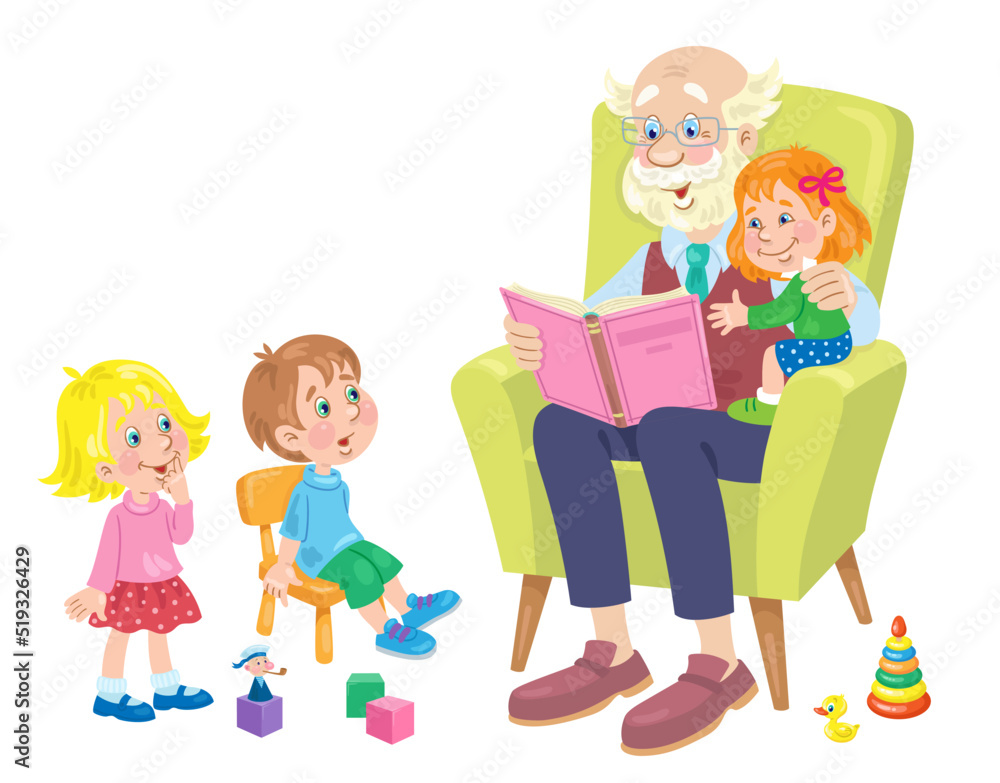 Cute grandfather is reading an interesting book to his grandchildren ...