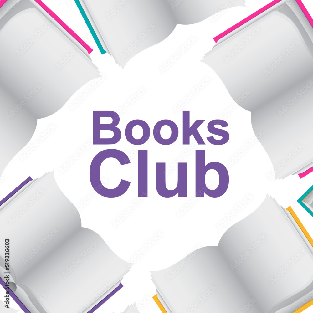 Books club concept with open book top view for reading club, flyer ...
