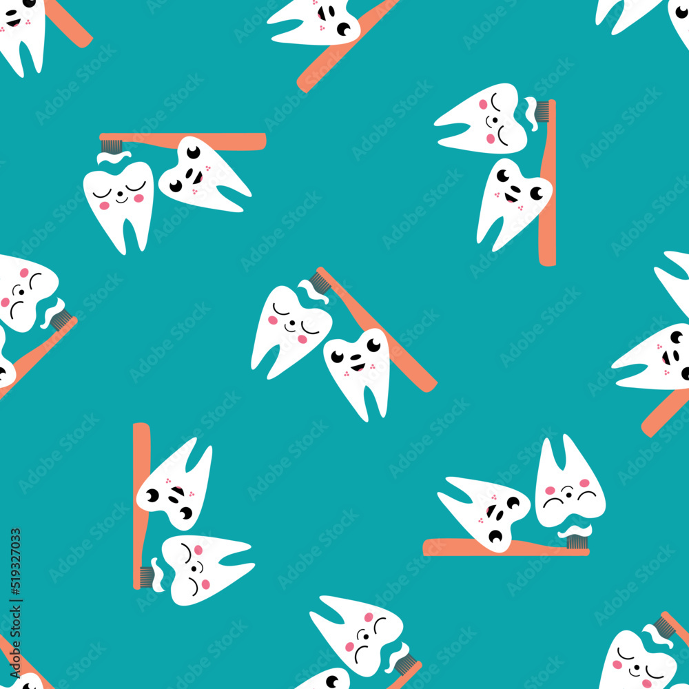 Kawaii tooth kids dental care vector educational seamless pattern ...
