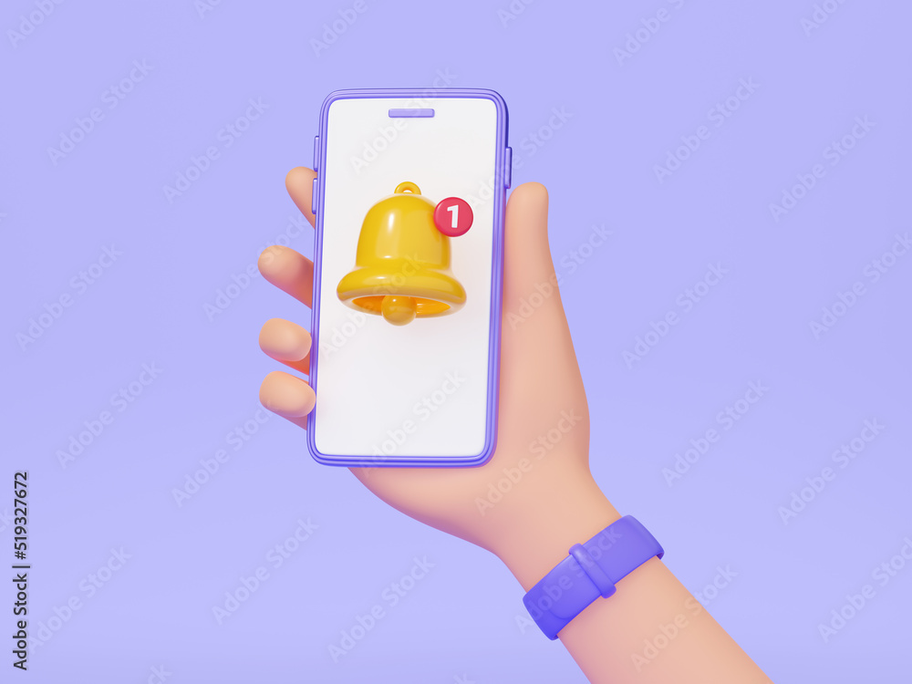 Notification bell - hand holding mobile phone with yellow bell on ...