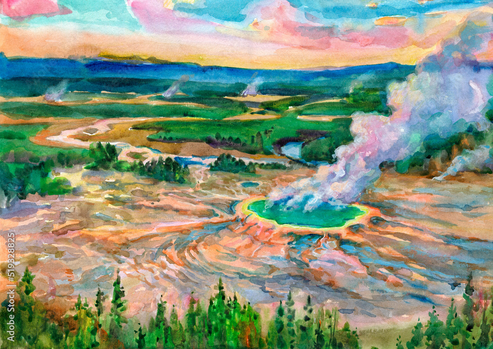 Yellowstone Grand Prismatic Spring. Poster from a series of USA ...