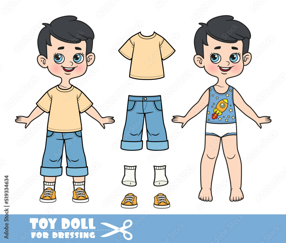 Cartoon brunette boy dressed and clothes separately - beige T-shirt ...
