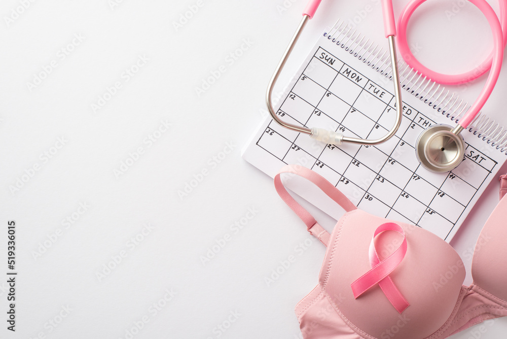Breast cancer awareness concept. Top view photo of pink ribbon ...