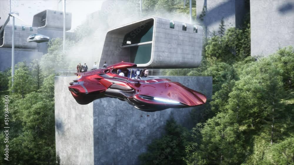 Robot and people in flying car. Futuristic city. flying car traffic ...