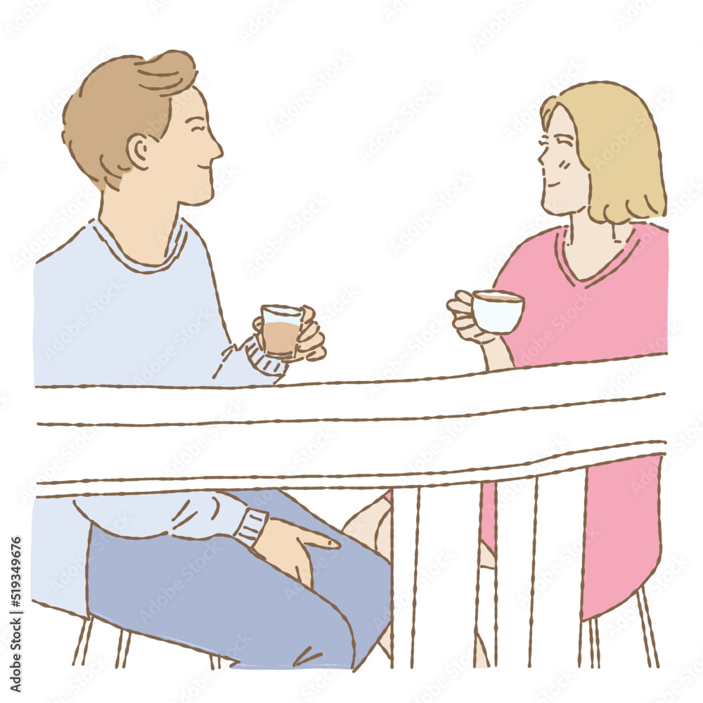 Young happy couple cartoon character looking at each other, sitting ...