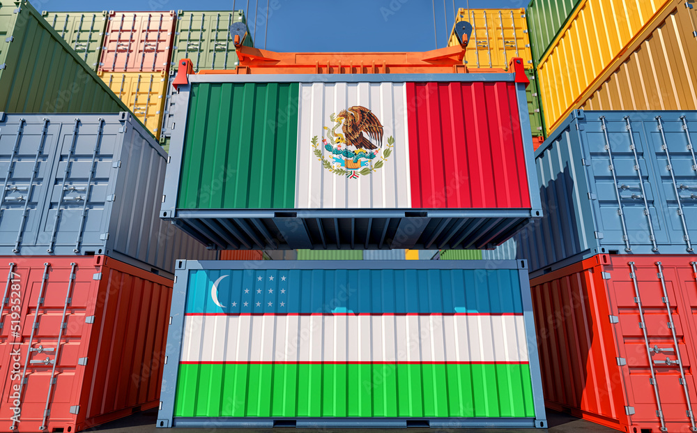 Cargo containers with Uzbekistan and Mexico national flags. 3D ...