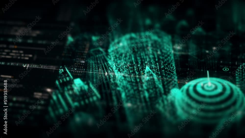 Futuristic head up display of holographic city digitally generated image virtual reality in ...