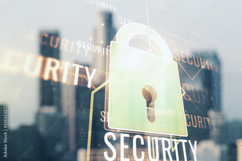 Virtual creative lock sketch with chip hologram on blurry office ...