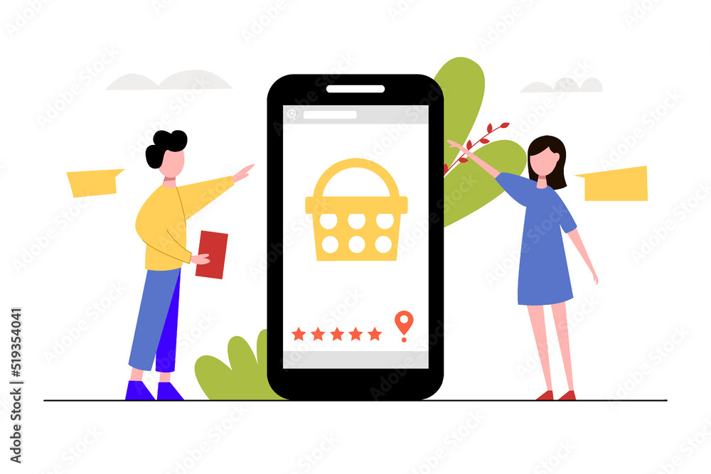 Cartoon characters near the smartphone are shopping. The concept of ...