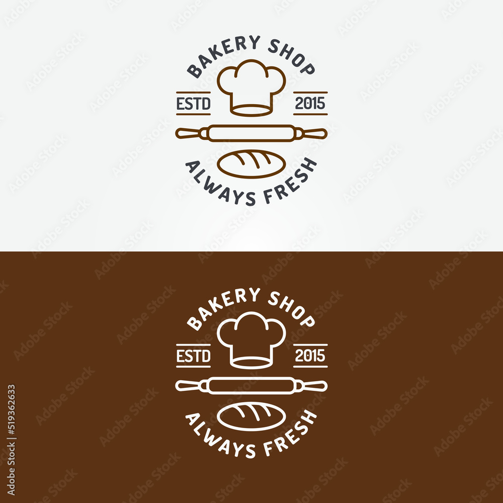 Bakery shop logo set with chefs hat, plunger and loaf line style ...