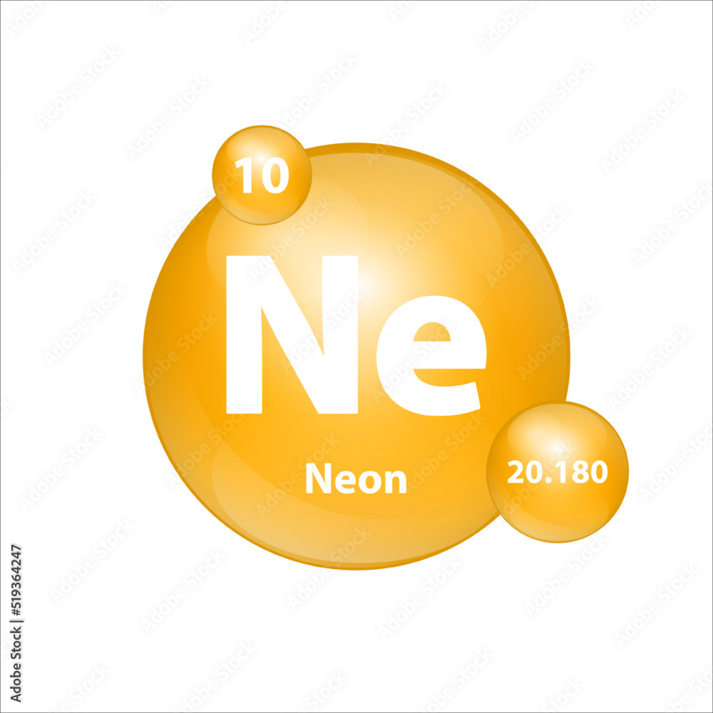 Neon (Ne) icon structure chemical element round shape circle yellow ...