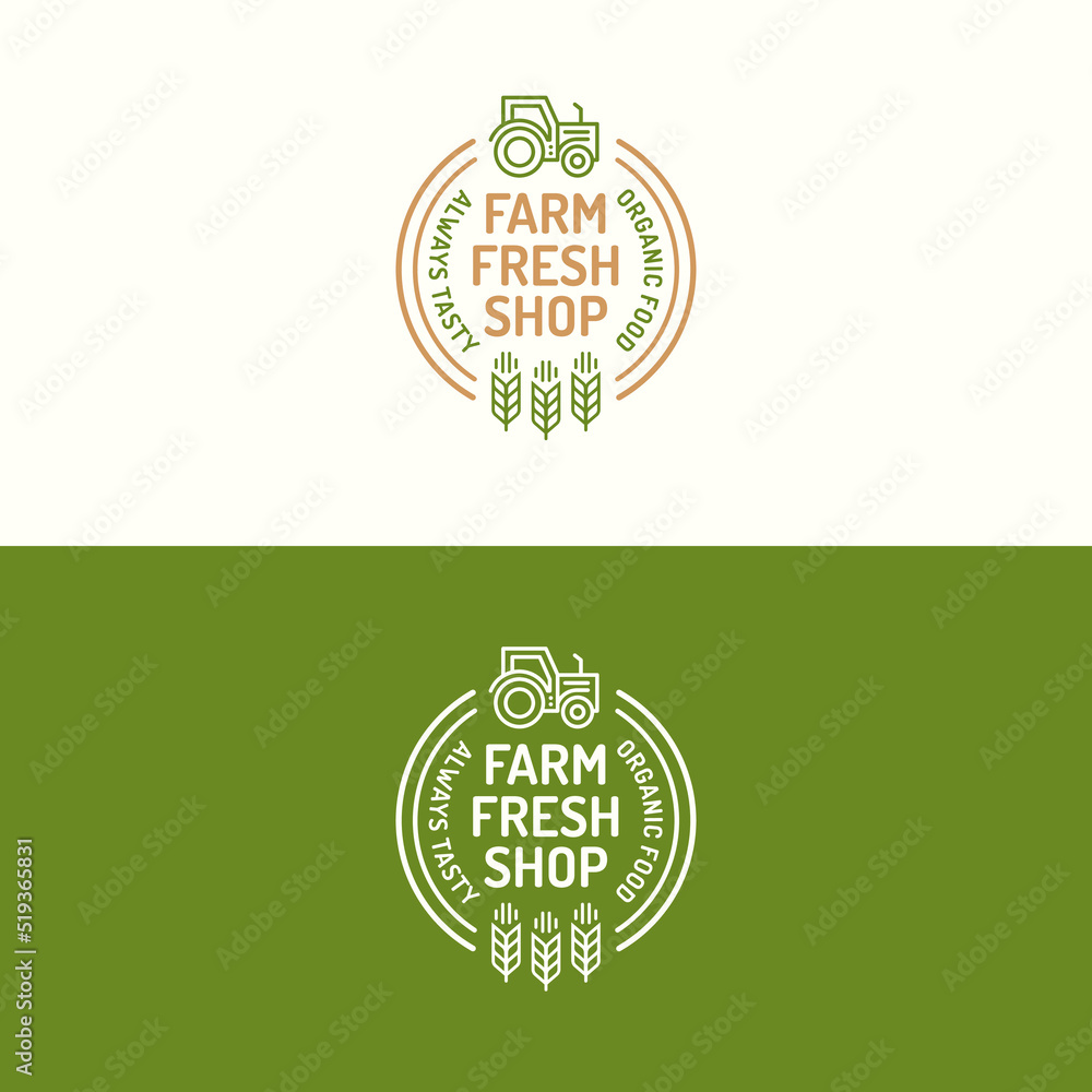 Farm fresh shop logo set color line with icon tractor and wheat on ...