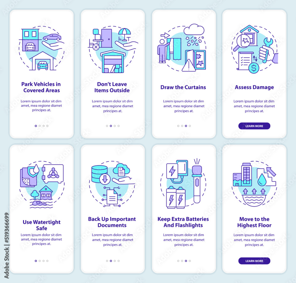 Safety Tips For Flood And Hailstorm Onboarding Mobile App Screen Set Walkthrough 4 Steps