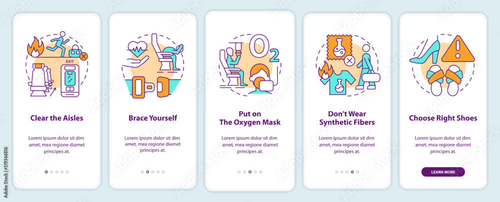 Surviving plane crash onboarding mobile app screen. Clear aisles walkthrough 5 steps editable ...