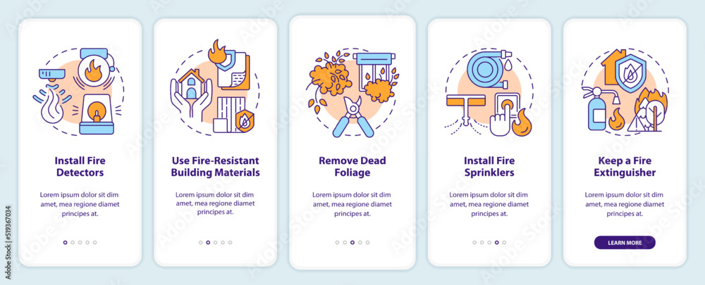 Wild fire safety onboarding mobile app screen. Install fire detectors ...