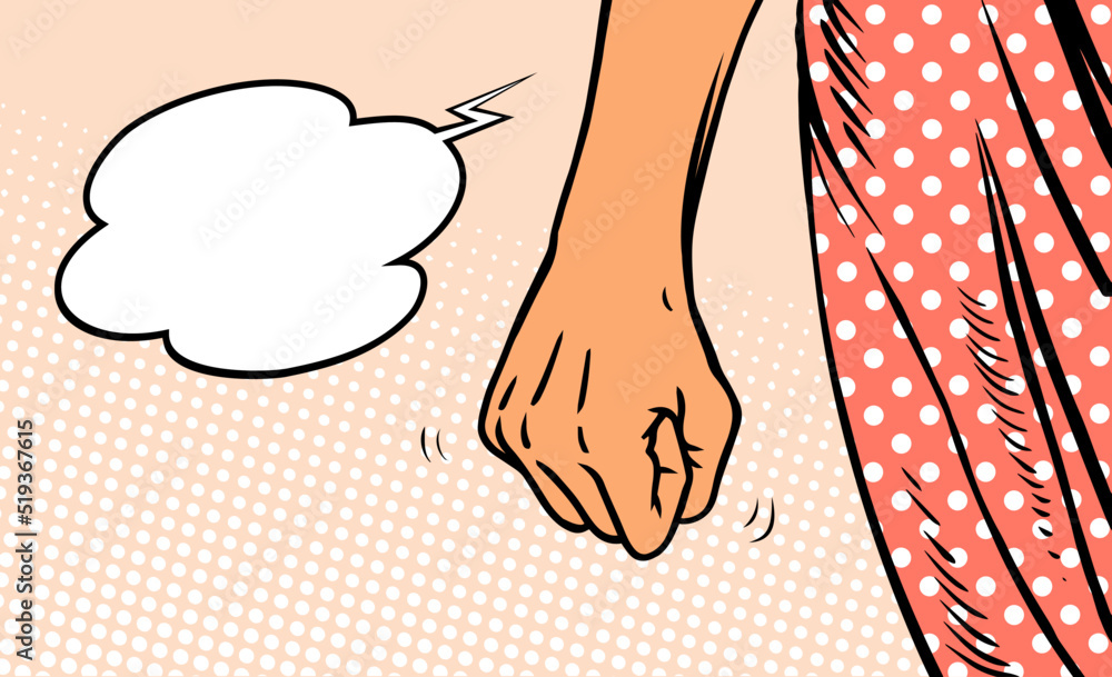 Angry fist of a woman. Red dress. Empty comic bobble. Concept of female ...