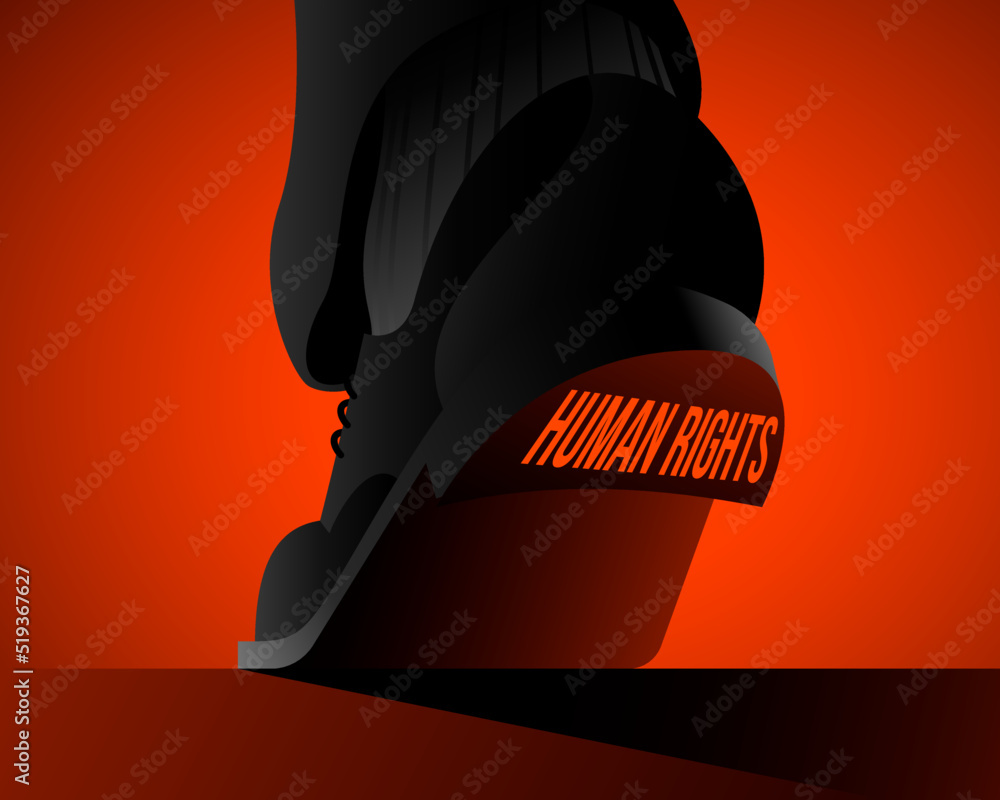 Vetor de Human rights violation concept. Big male shoe trampling on ...