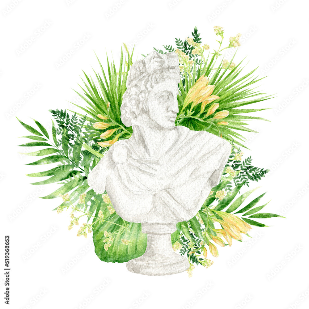 Ancient greek sculpture Apollo goddess head with tropical leaves ...