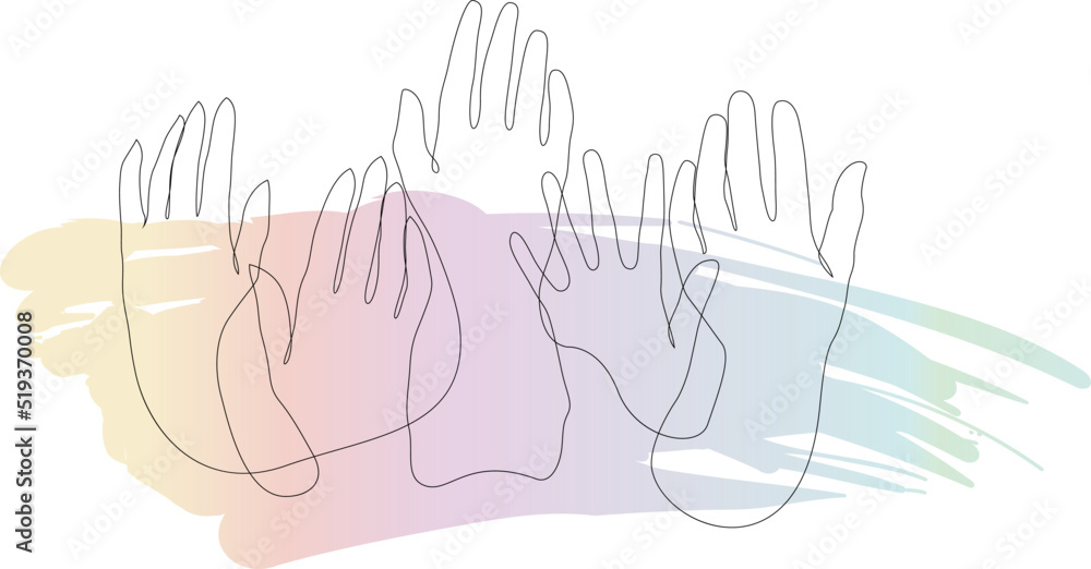 Raised hands volunteering one line drawing. Colorful hand up wave ...