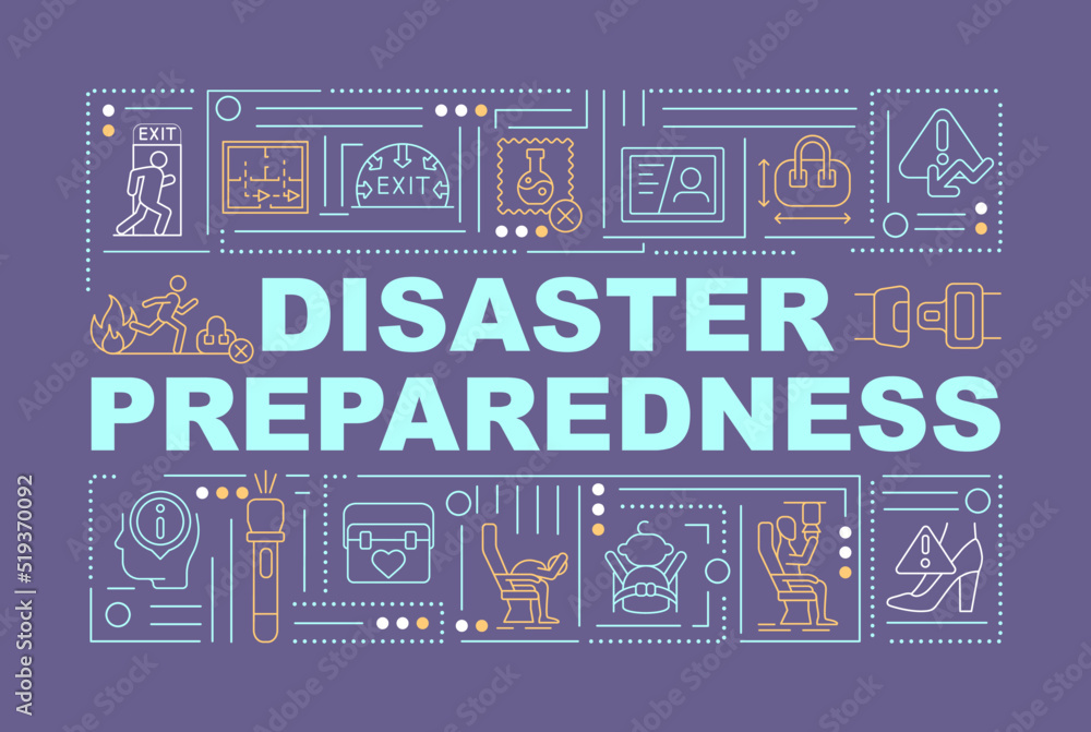 Emergency preparedness word concepts purple banner. Surviving accidents ...