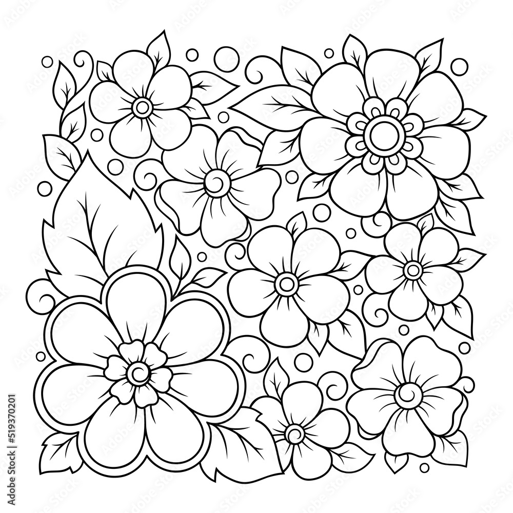 Outline square flower pattern in mehndi style for coloring book page ...
