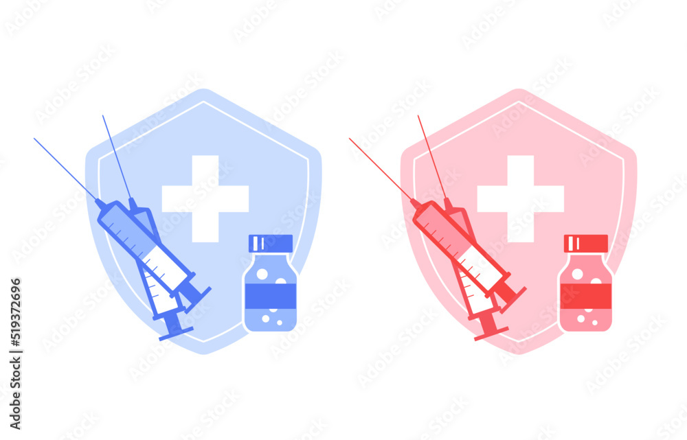medical concept. medical symbols syringes, cross, vaccine. health care. blue and red Stock ...