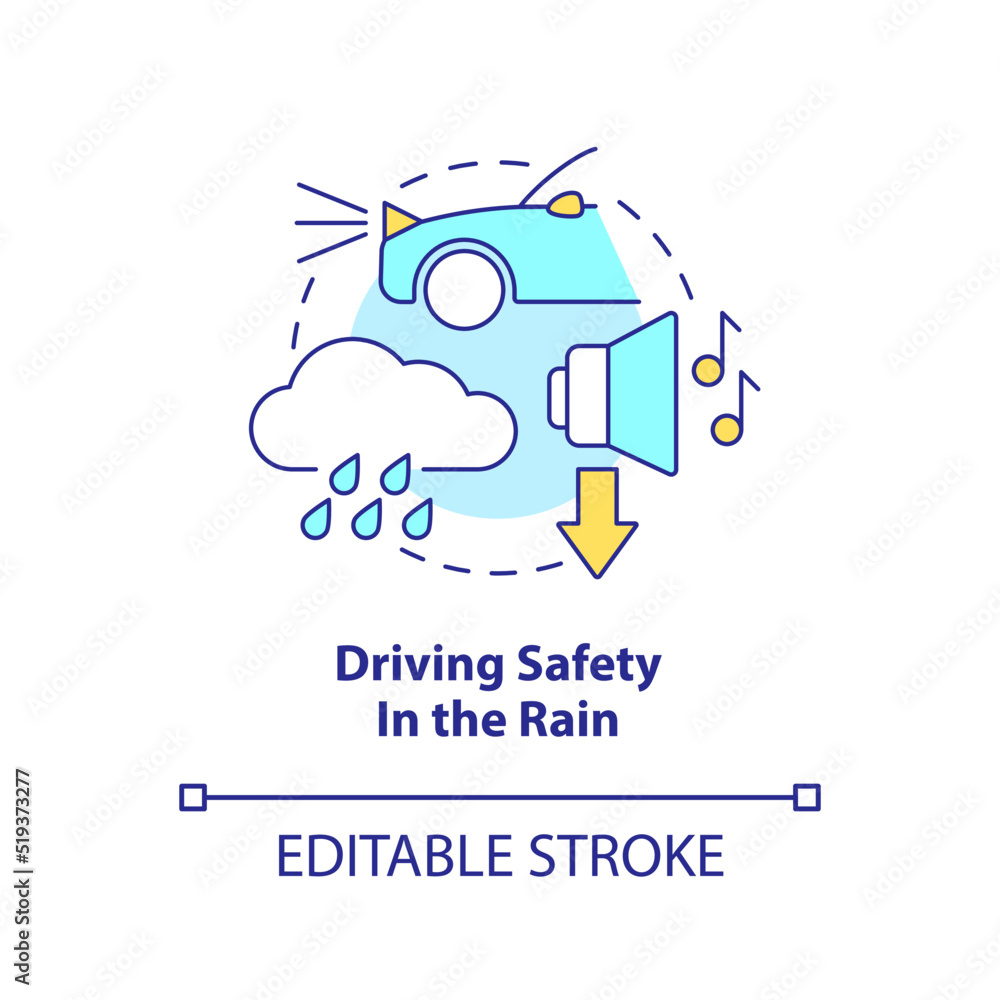 Driving safety in rain concept icon. Radio volume off. Situational ...