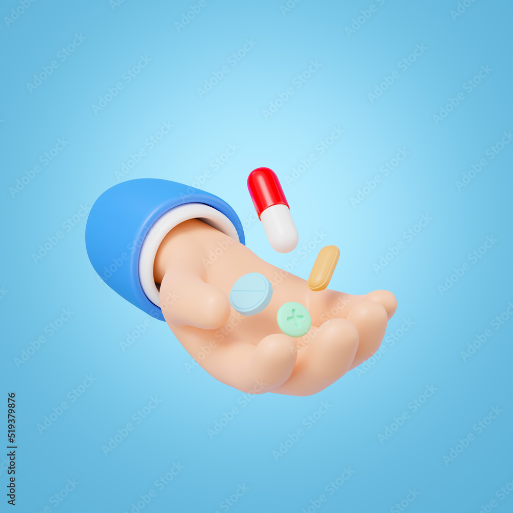 Medicine fell into hand icon. 3D Doctor holding drug, antibiotic pill ...