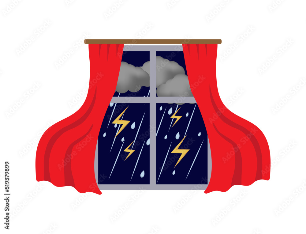 Thunderstorms and window in rainy season. Curtains are blown away by ...