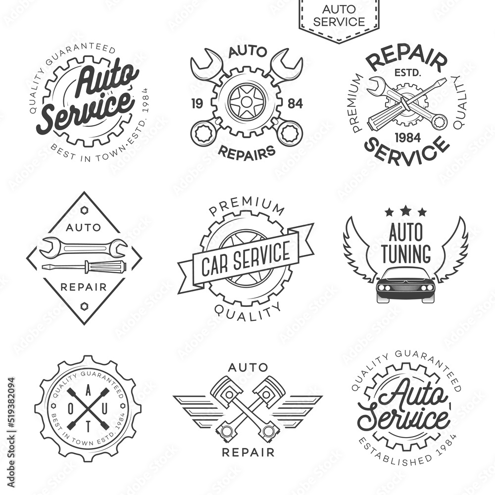Set of auto service, repair and auto tuning labels isolated on white ...