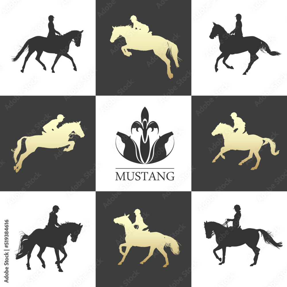 Vector set illustration, rider controls running horse, competition ...