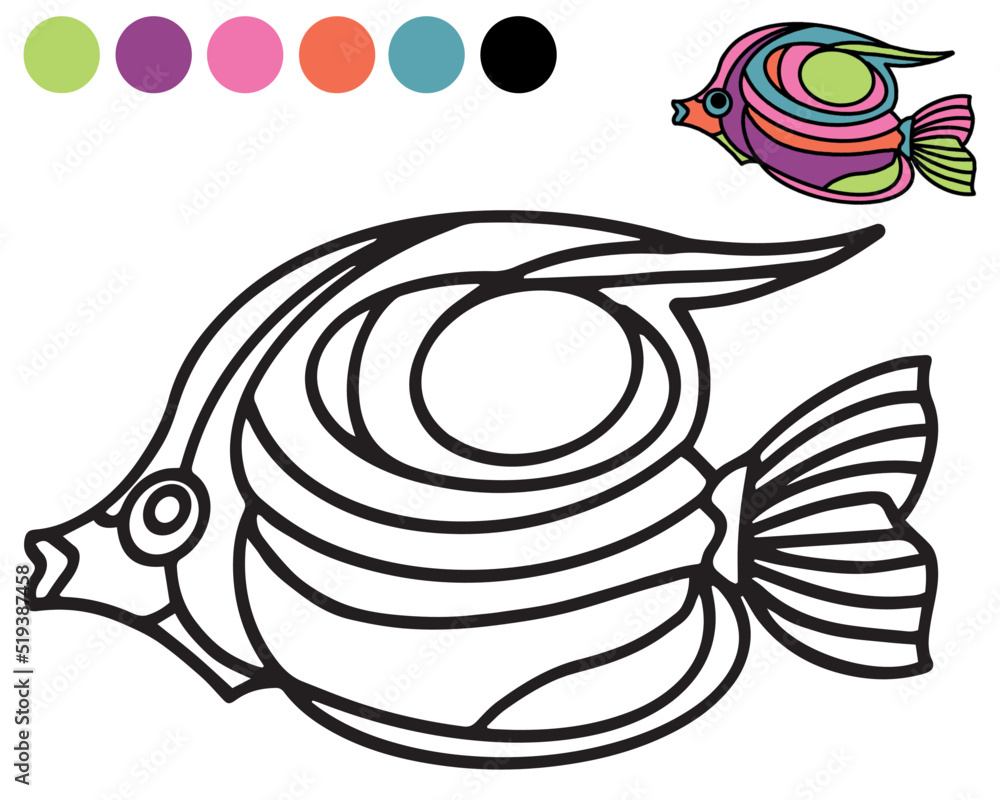 Bright fish coloring book on a white background. Doodle coloring book ...