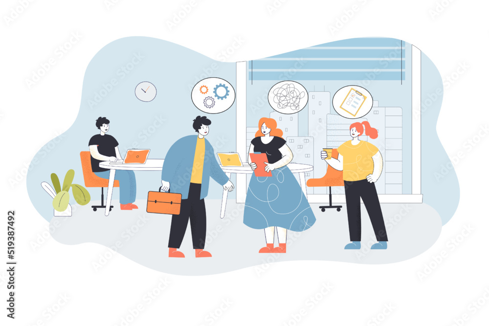 Business solutions of employees in team. Confusion, list and gears in ...