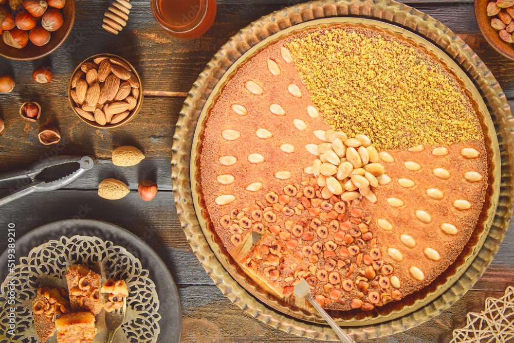 Arabic cuisine; Traditional Arabic dessert "Basbousa". Egyptian ...