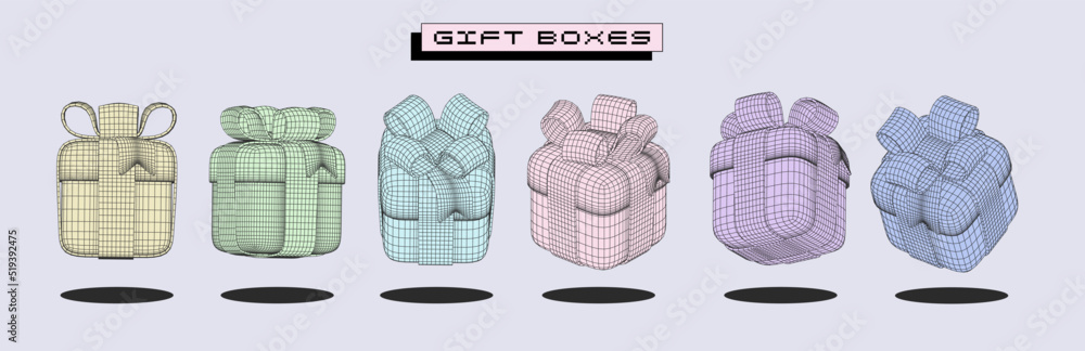Set of 3d wireframe gift boxes vector isolated icons. Old pc os style ...